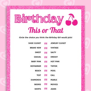 Pink Birthday This or That Girls Birthday Game Glitter Party Pink Party ...