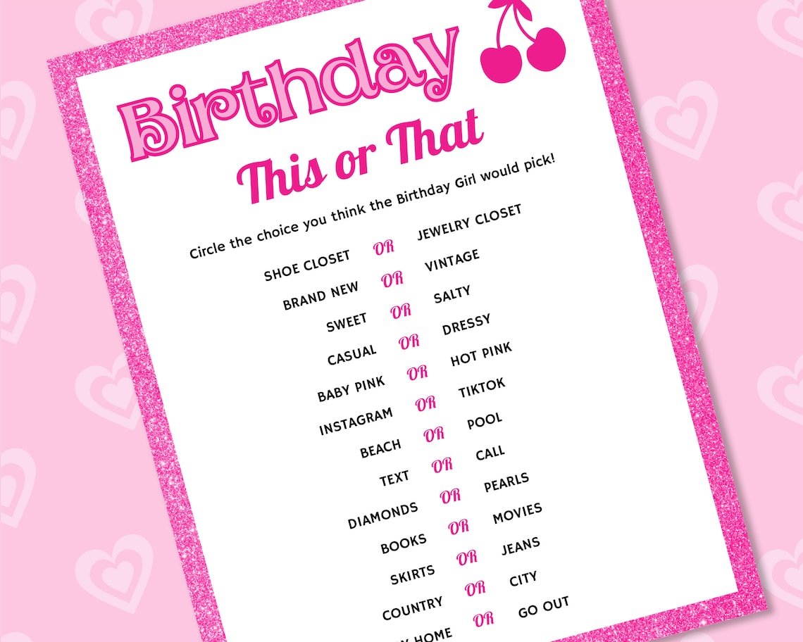 Pink Birthday This or That Girls Birthday Game Glitter Party Pink Party ...