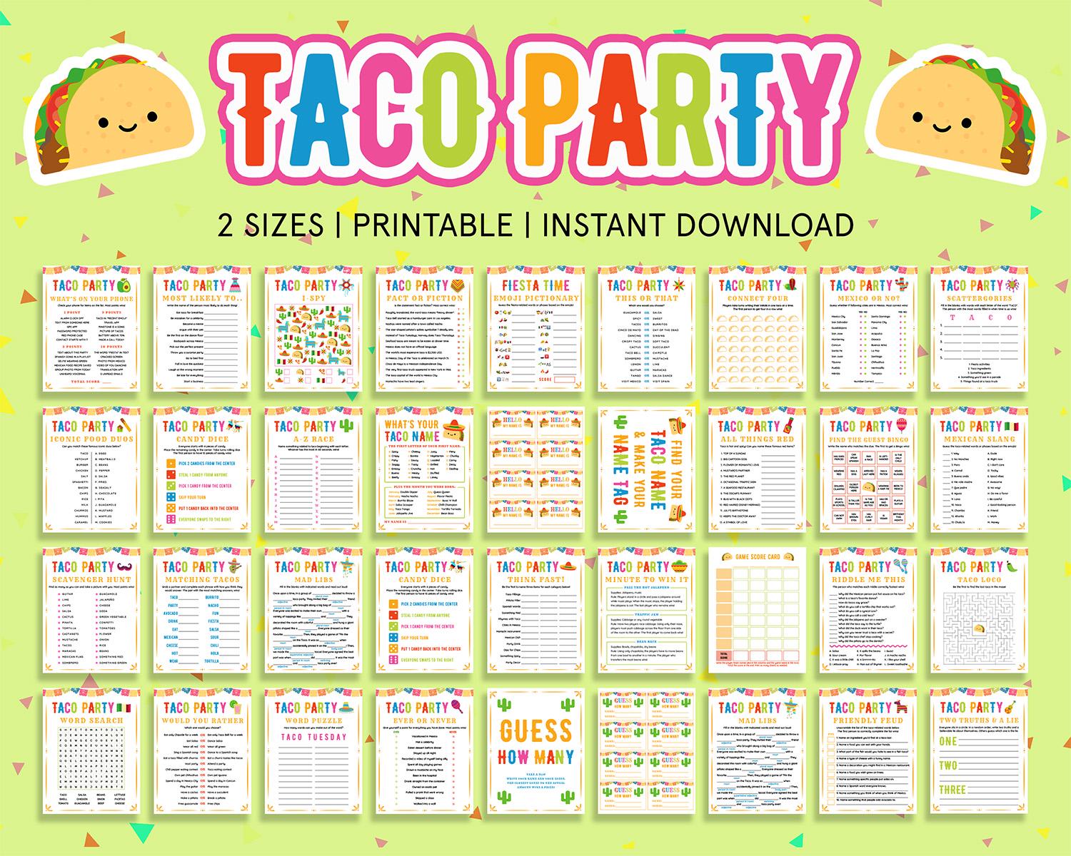 Taco Party Games Bundle Taco Games for Kids Fiesta Games Birthday Party ...