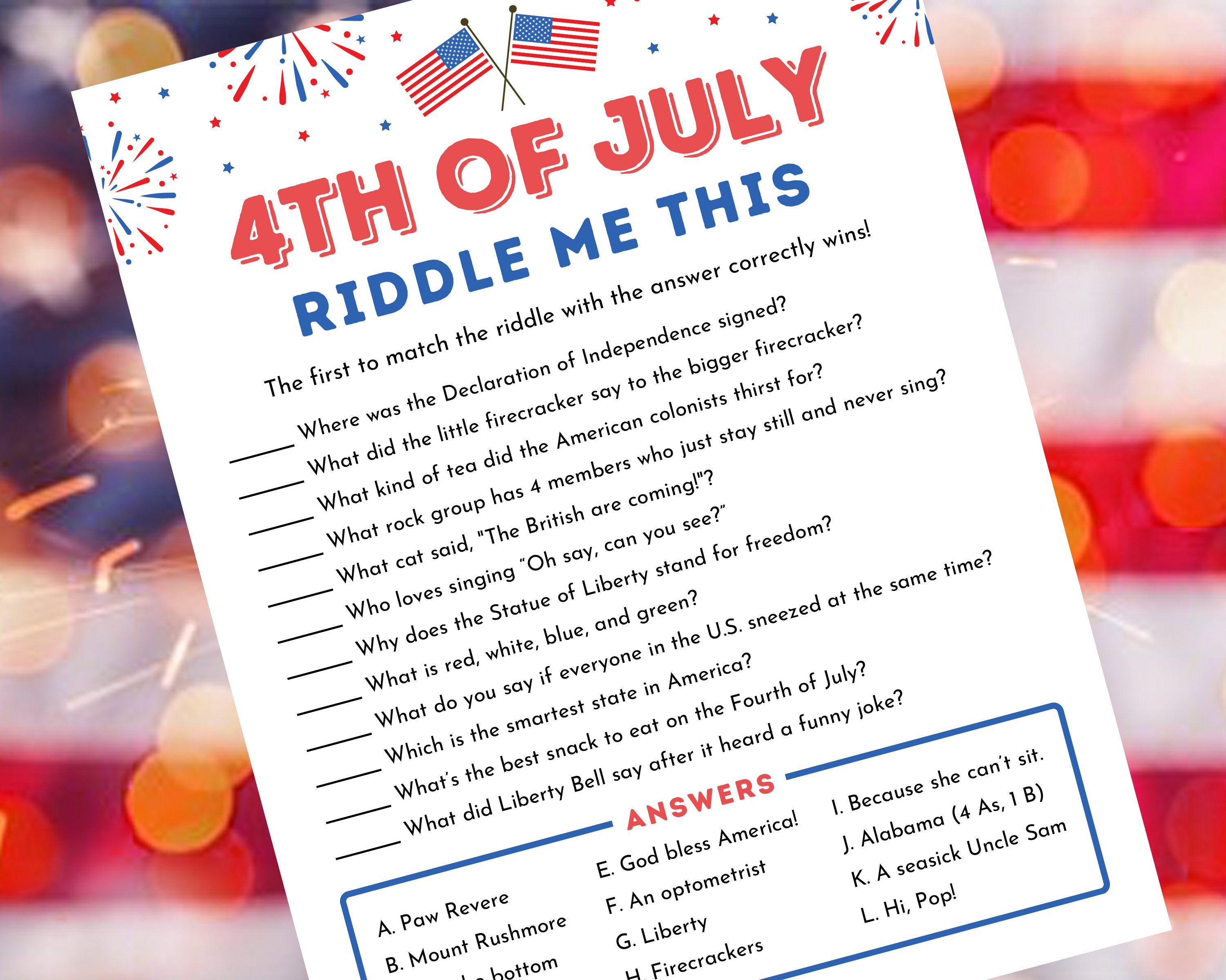 4th of July Riddle Me This Fourth of July Party Game for Kids Fun ...