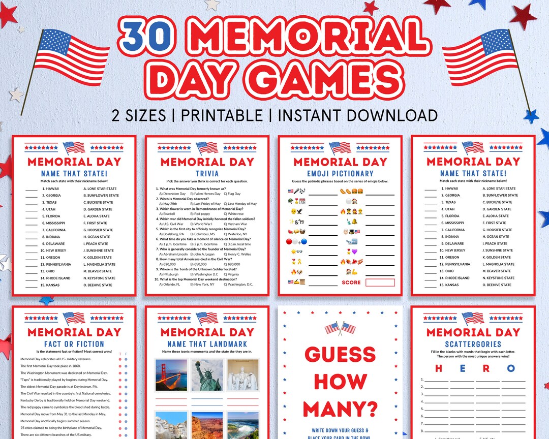 Memorial Day Game Bundle Memorial Day Games for Kids Teen Adults ...