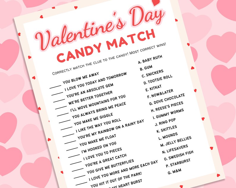 Valentines Day Candy Match Game Valentines Day Printable Games Fun ...