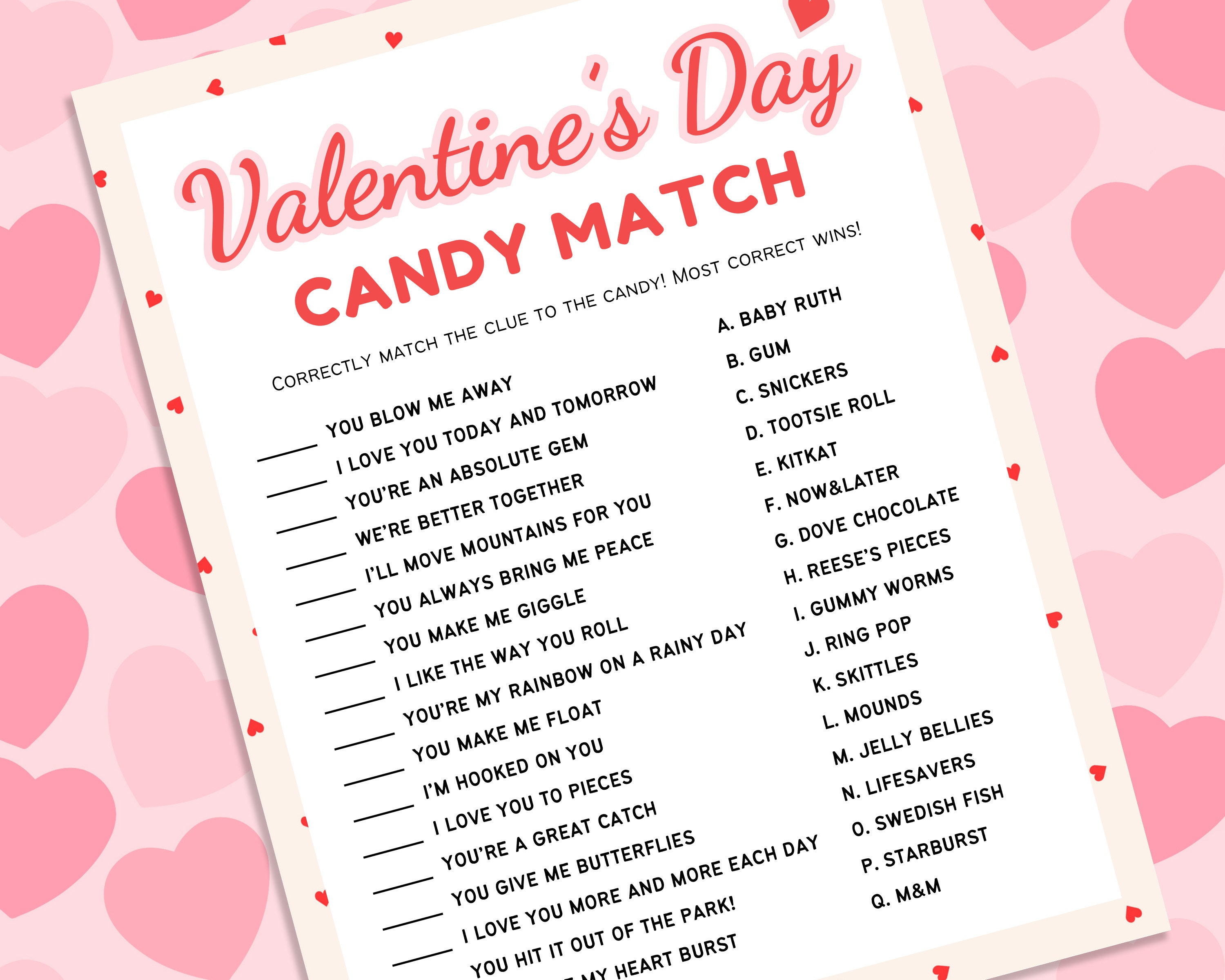 Valentines Day Candy Match Game Valentines Day Printable Games Fun ...