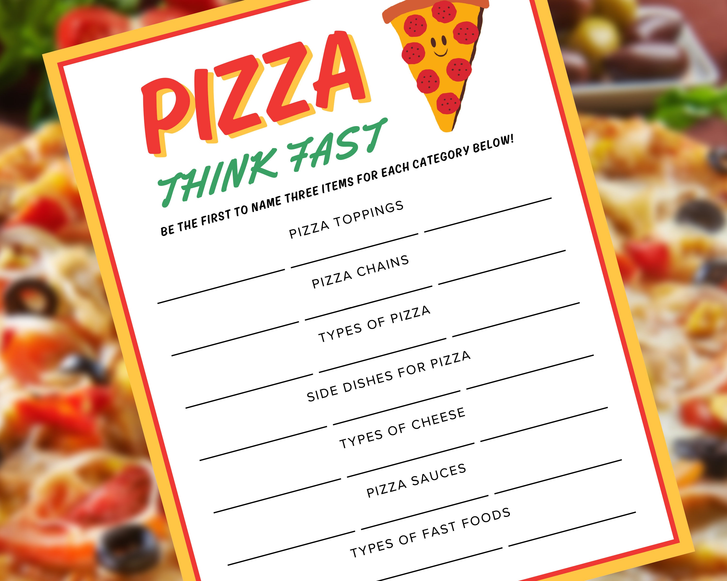 Pizza Think Fast Game Printable Pizza Party Game for Kids Adults ...
