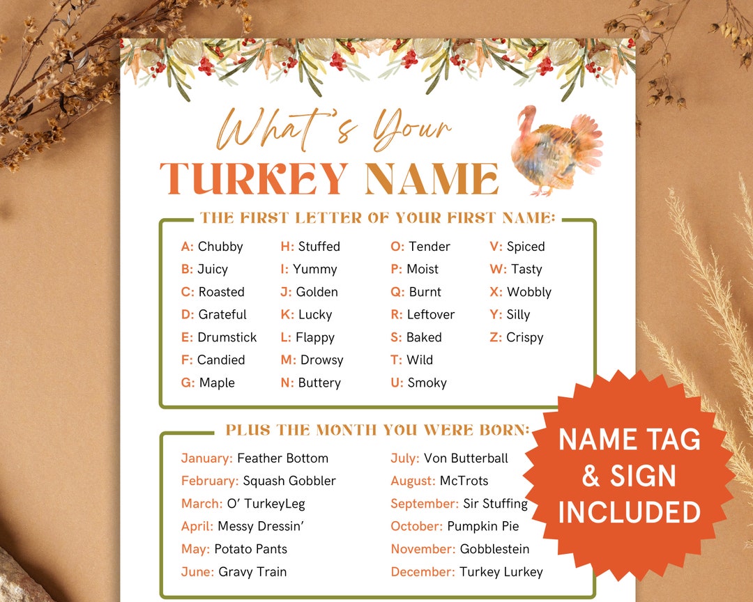 What's Your Turkey Name, Name Tags, Sign Fun Thanksgiving Party Games ...