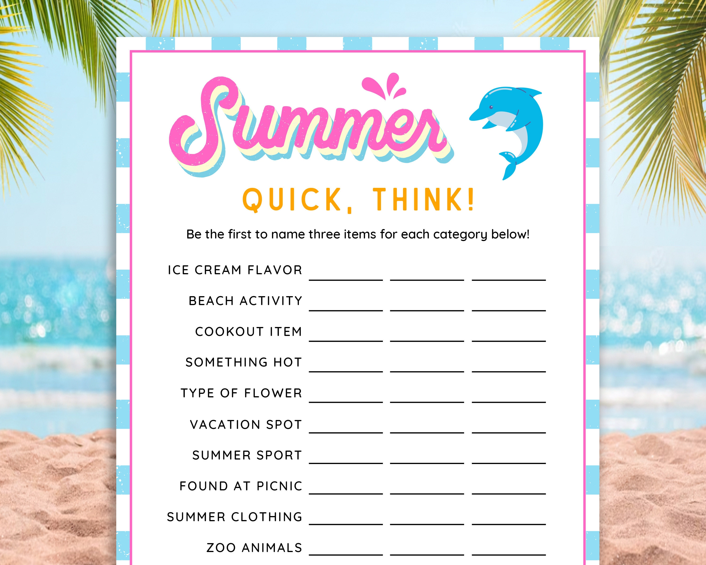 Summer Quick Think Summer Games Summer Think Fast Summer Activities for ...