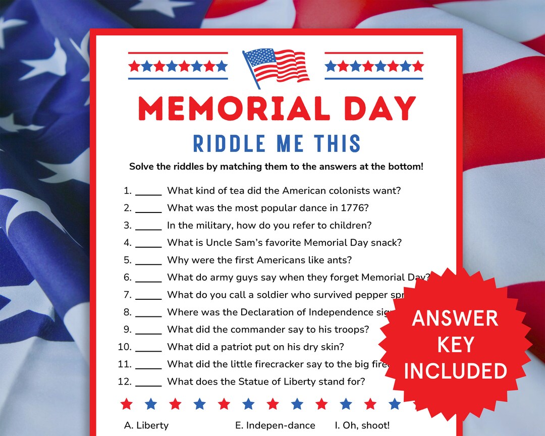 Memorial Day Riddle Me This Memorial Day Game for Kids, Seniors, Adults ...