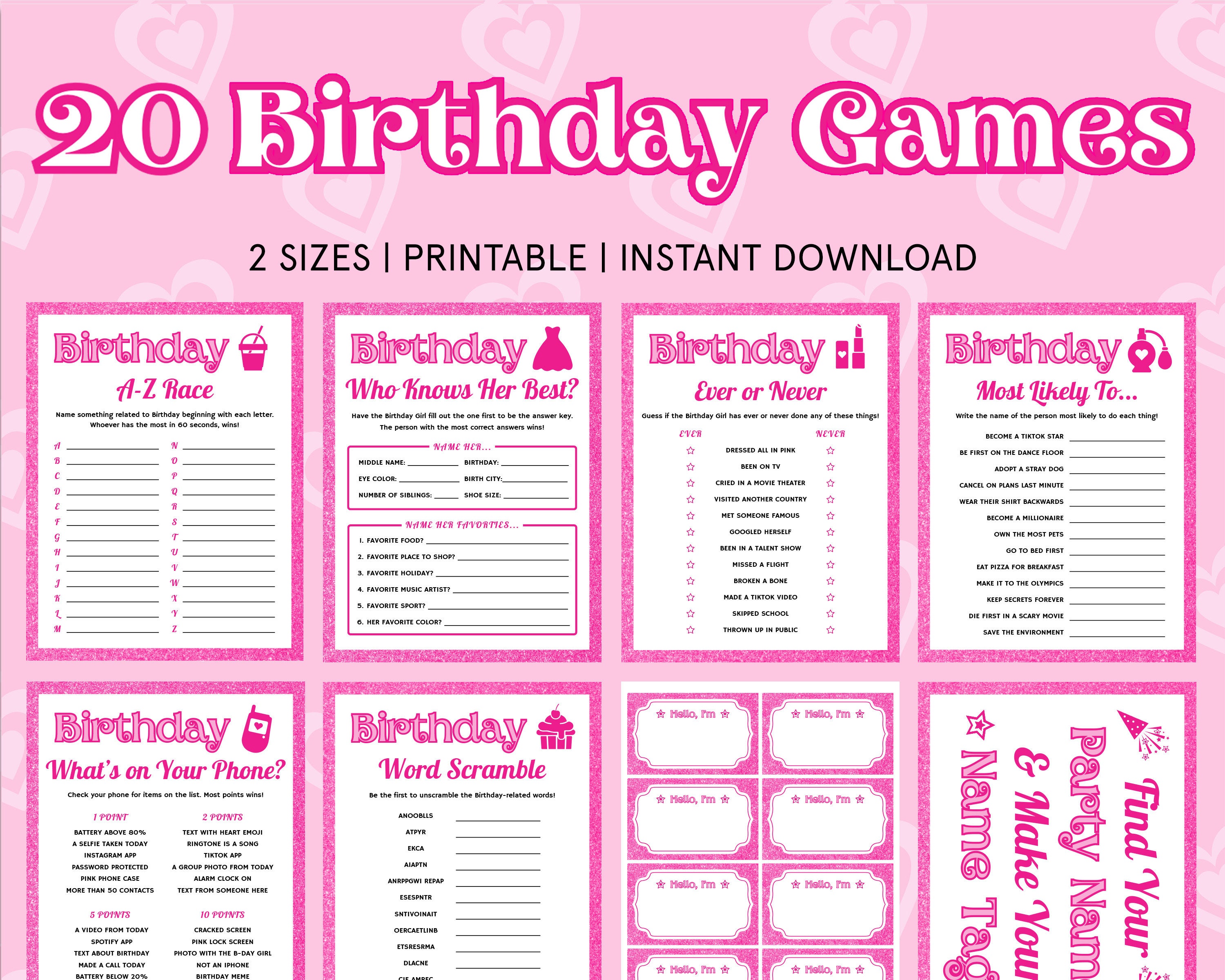 Birthday Games Bundle for Girls Pink Birthday Games for Kids, Teens ...