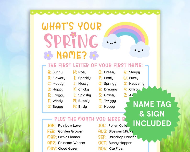 What is Your Spring Name, Name Tag, Sign Printable Spring Party Games ...