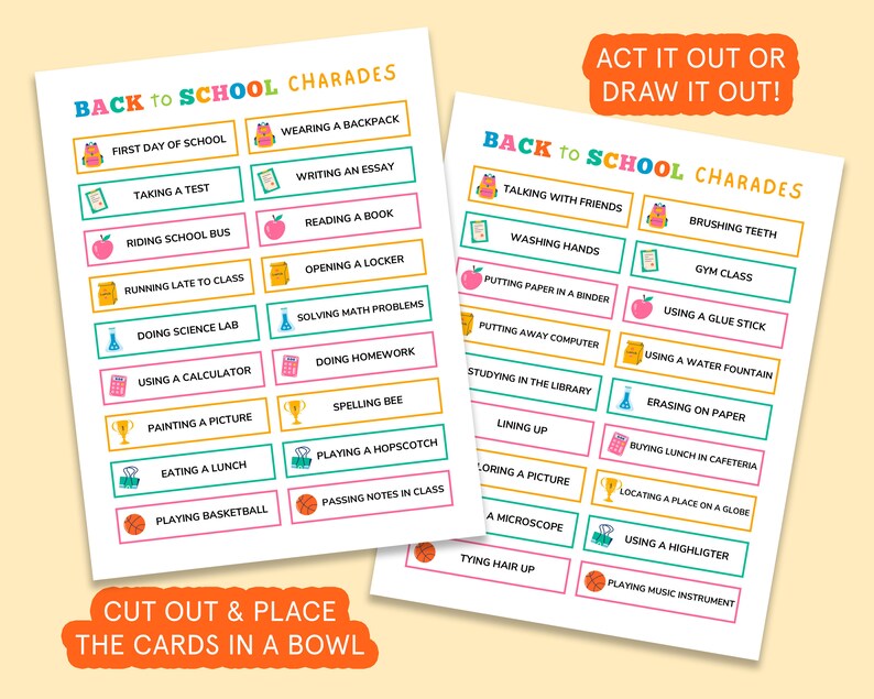 Back to School Charades Classroom Games Elementary & Middle School ...