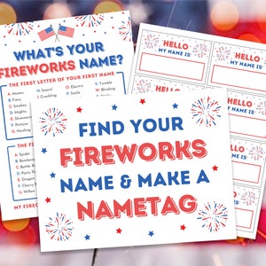 What's Your Fireworks Name, Name Tags, Sign Fourth of July Party Games ...