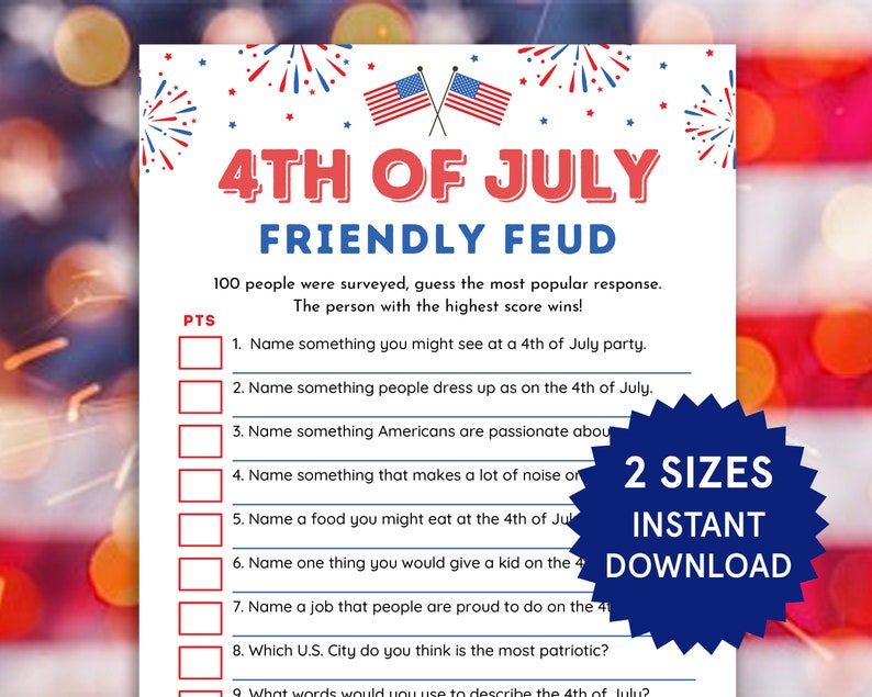 4th of July Family Feud Fourth of July Party Games for Kids Adults ...
