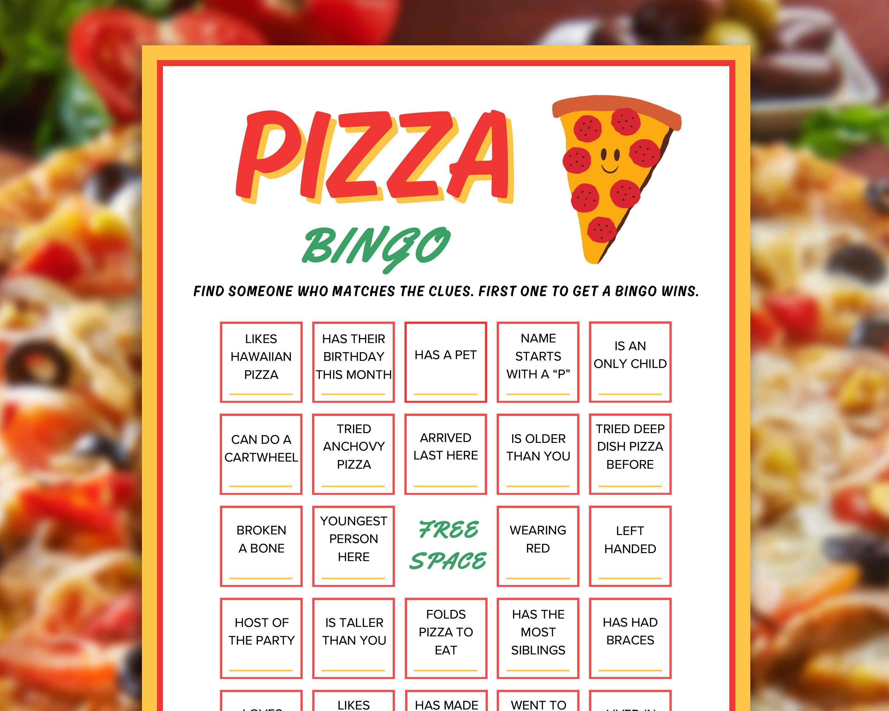 Pizza Find Someone Who Bingo Game Printable Pizza Party Game for Kids ...
