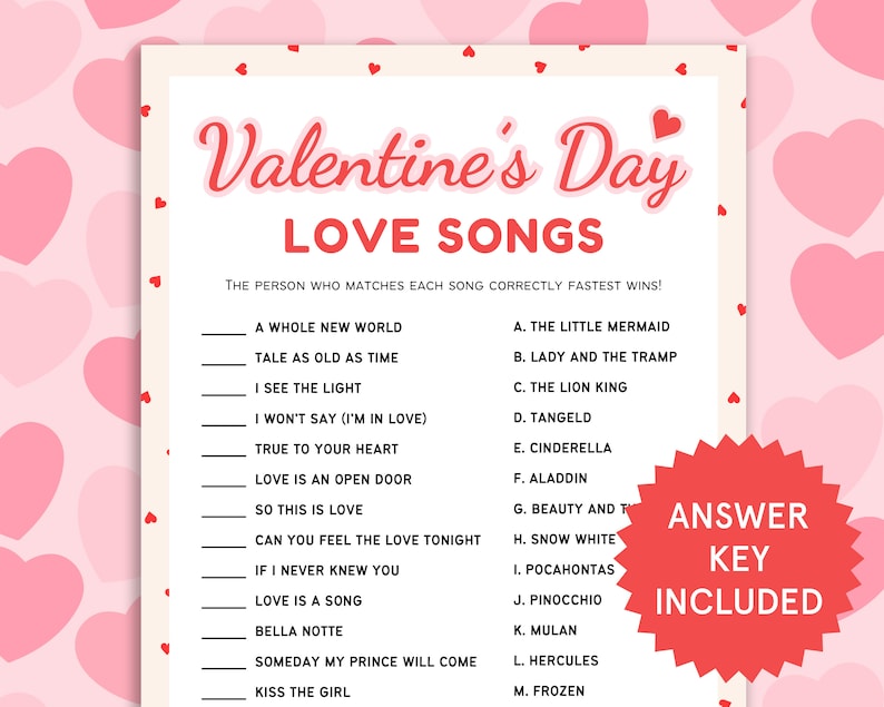 Valentines Day Love Song Game Printable Valentines Trivia for Kids and ...