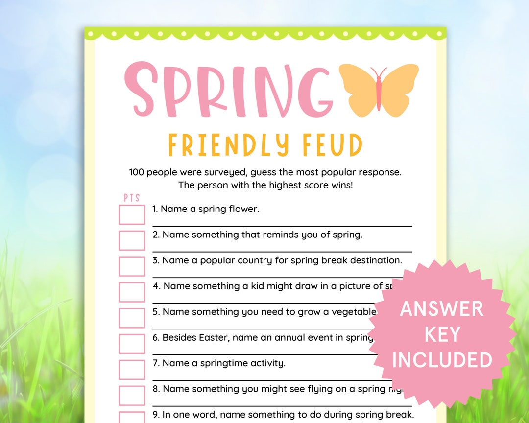 Spring Friendly Feud Trivia Game Printable Family Feud for Kids, Adults ...