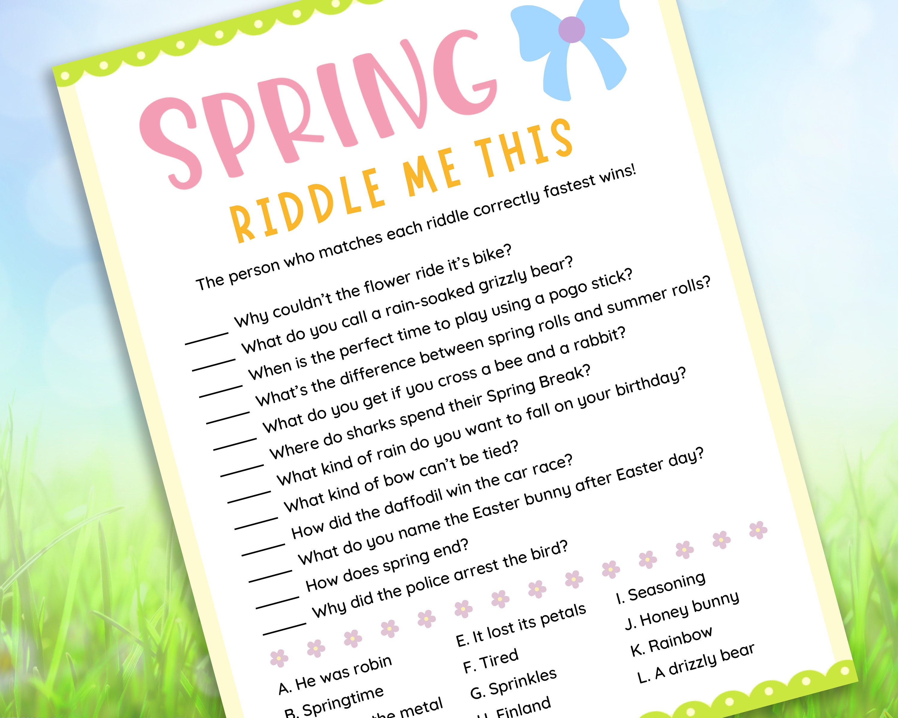 Spring Riddle Me This Game Printable Spring Activities for Kids, Family ...