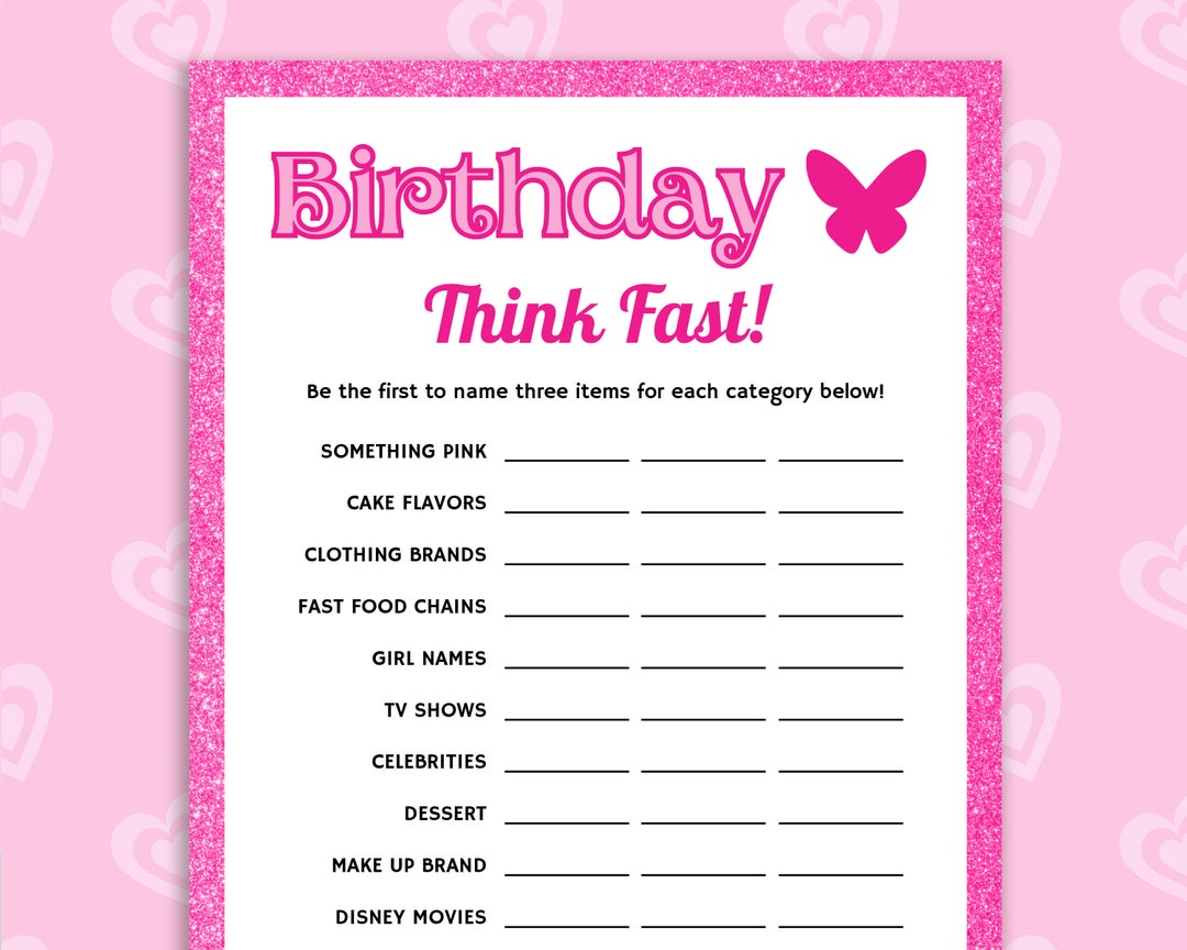 Pink Birthday Think Fast Tween, Teen Birthday Games Pink Party Games ...