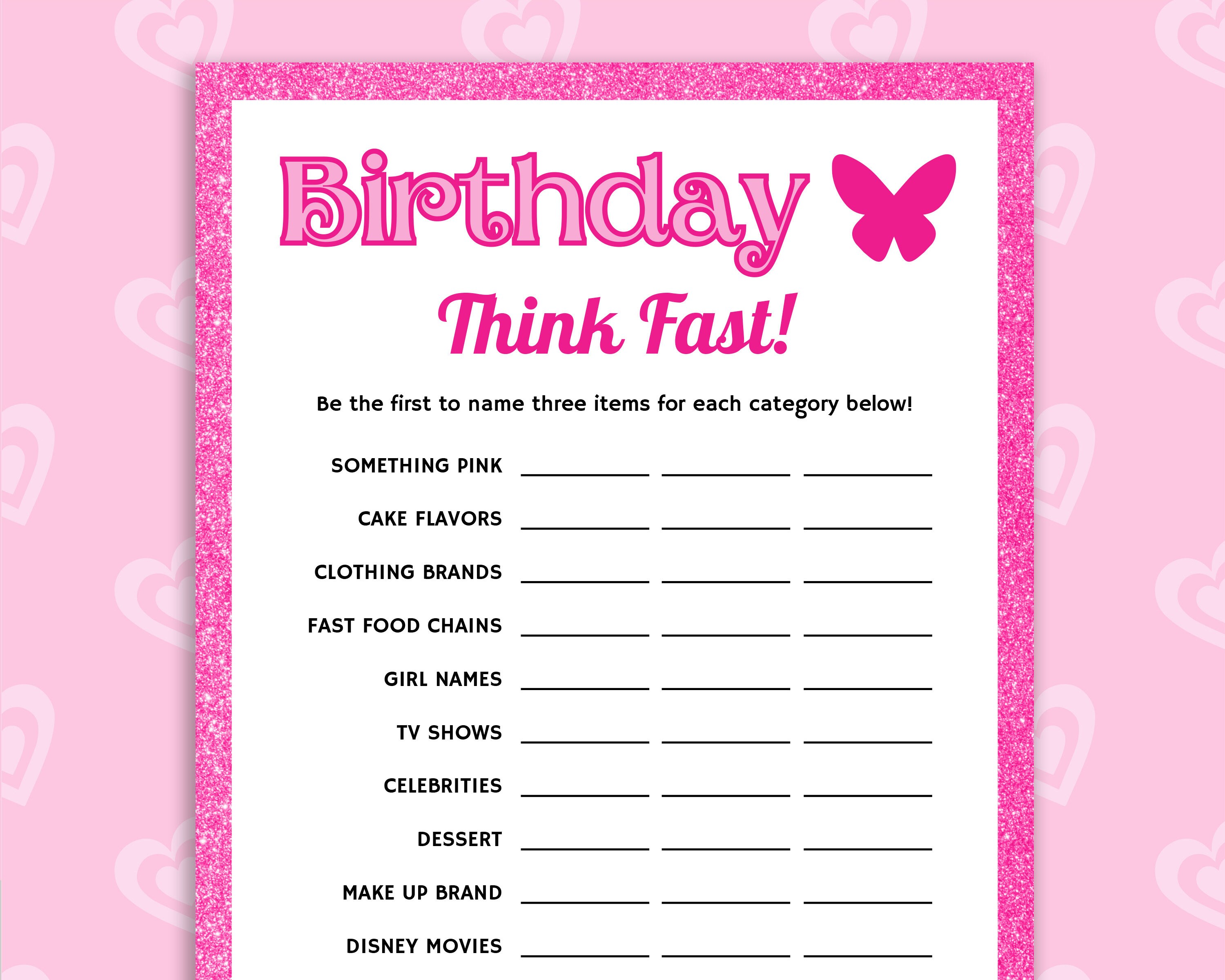 Pink Birthday Think Fast Tween, Teen Birthday Games Pink Party Games ...