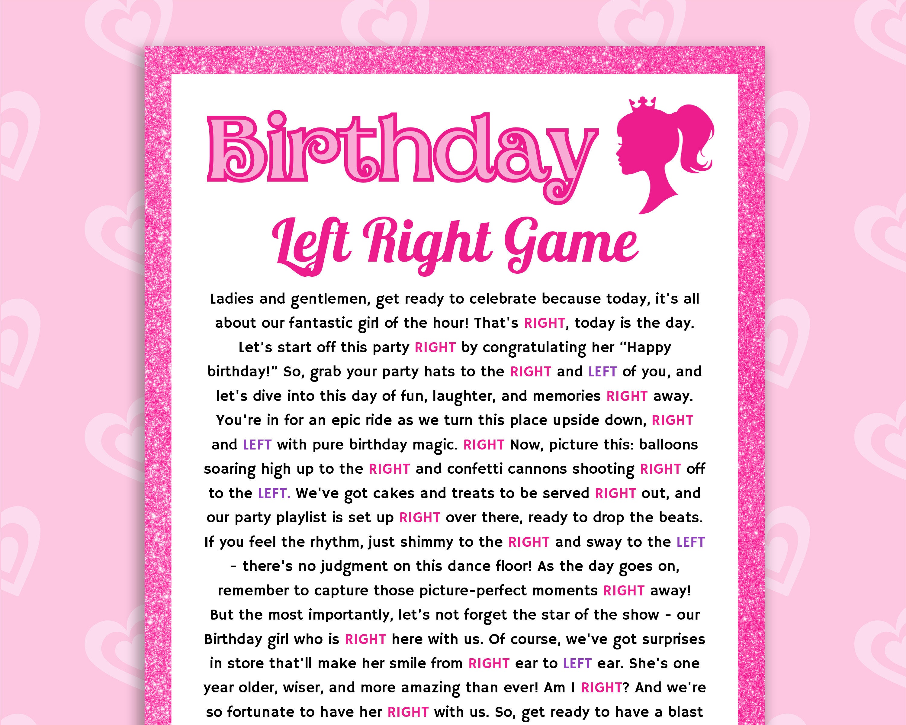 Pink Birthday Left Right Game Fun Girls Birthday Party Games for Kids ...