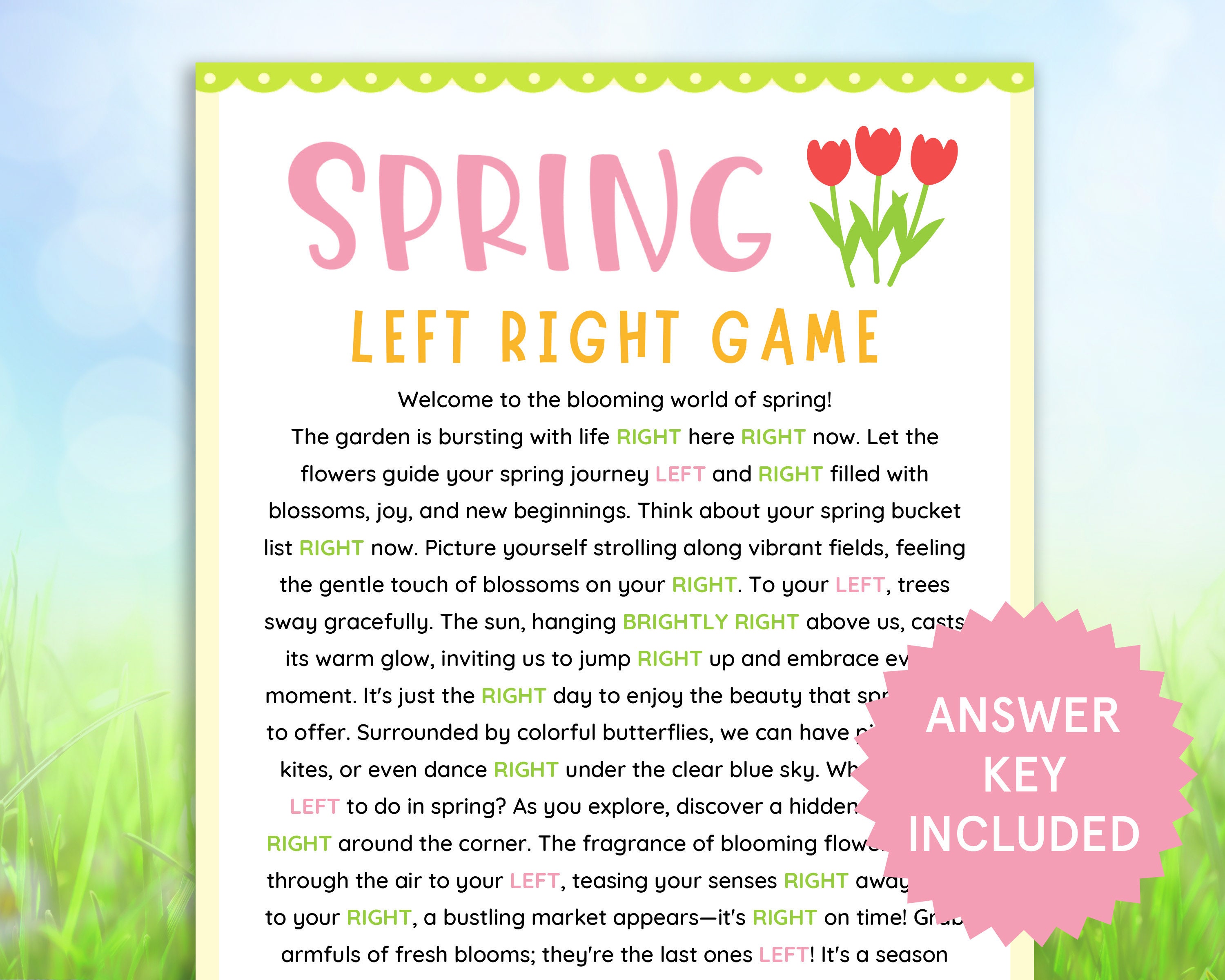 Spring Left Right Game Printable Spring Games Spring Activities for ...