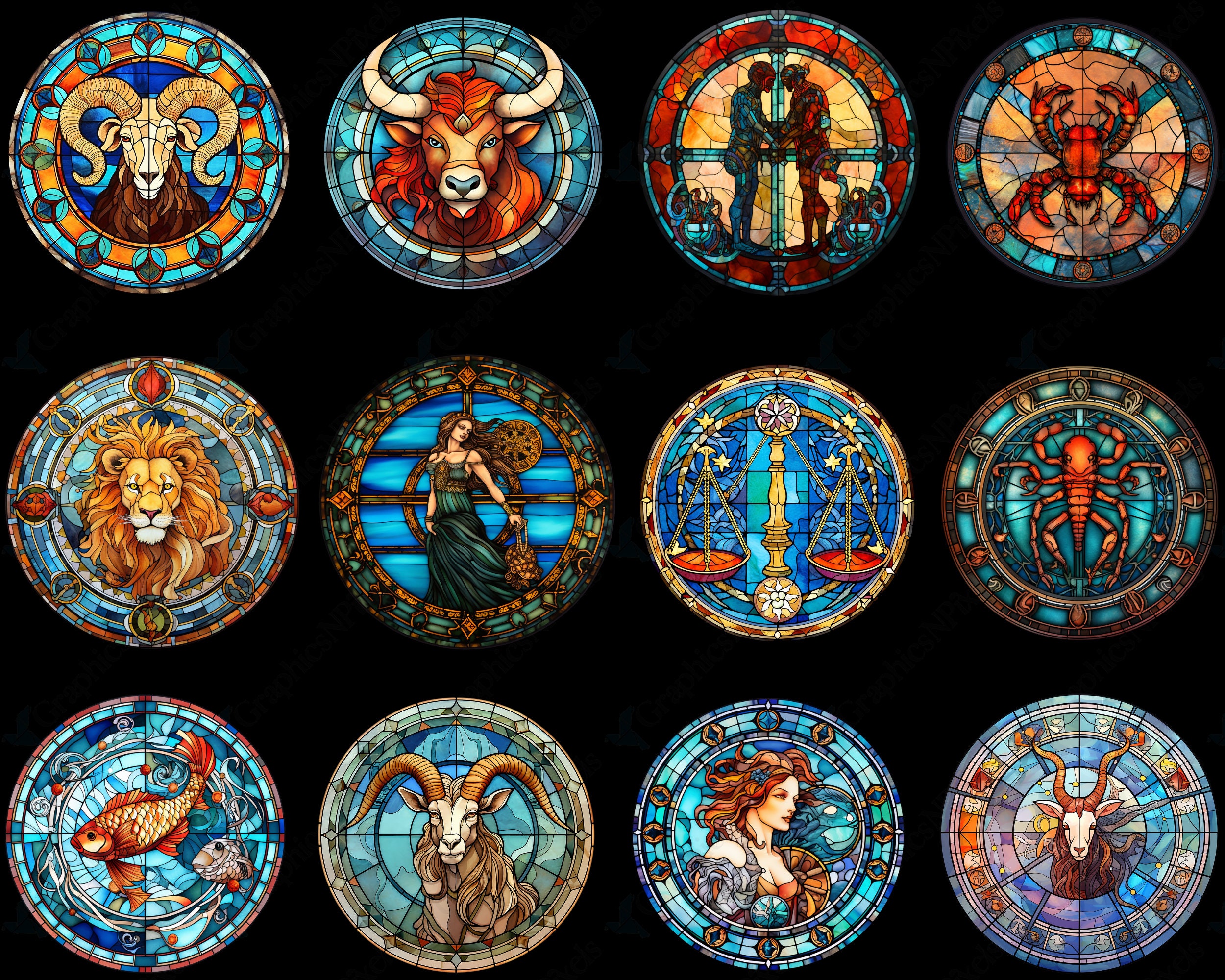 Zodiac Signs Bundle in Unique Stained Glass Styles Clipart - Etsy