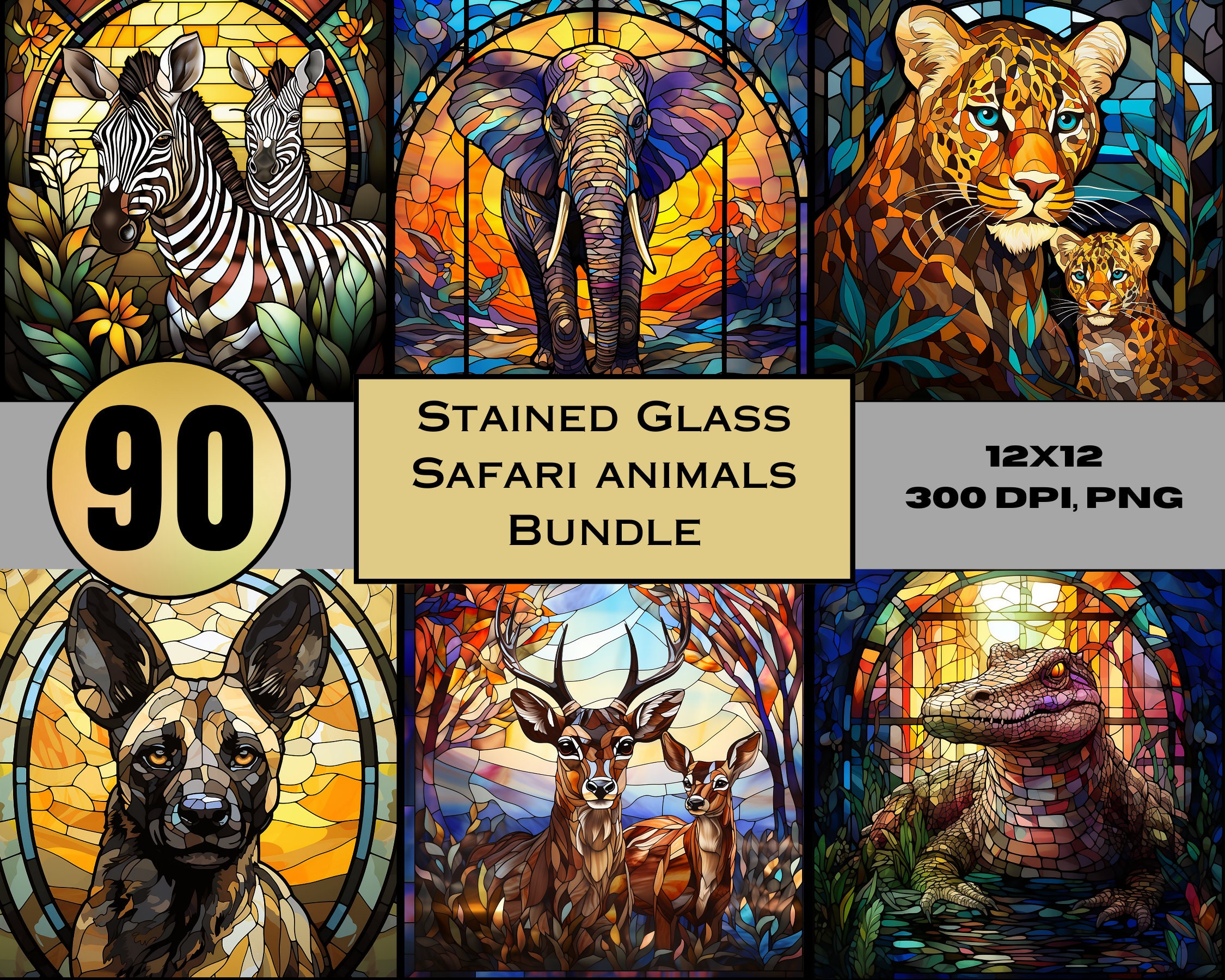 Stained Glass Safari Animals Bundle PNG Sublimation Design - Etsy