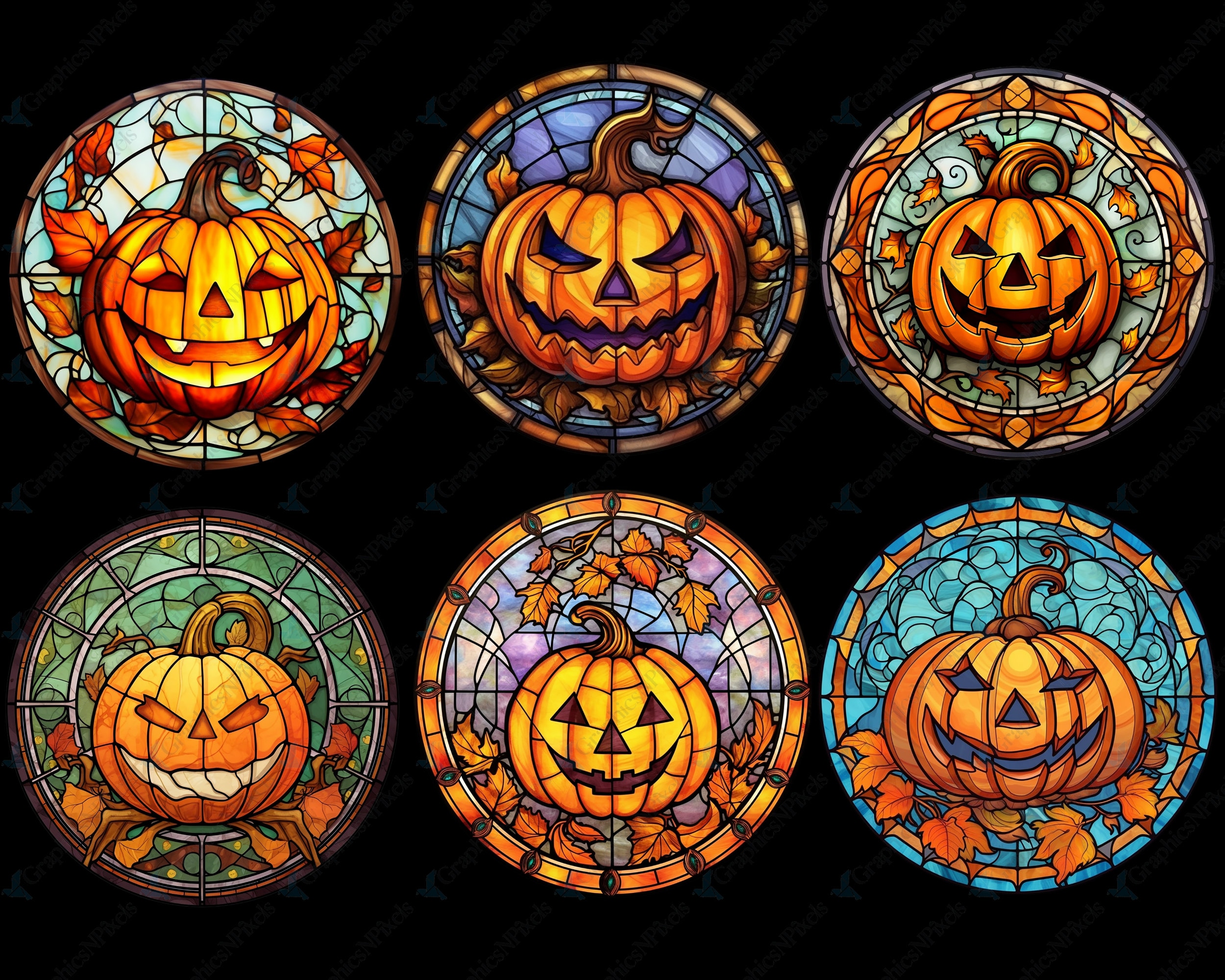 Stained Glass Spooky Pumpkins PNG Transparent Background - Etsy
