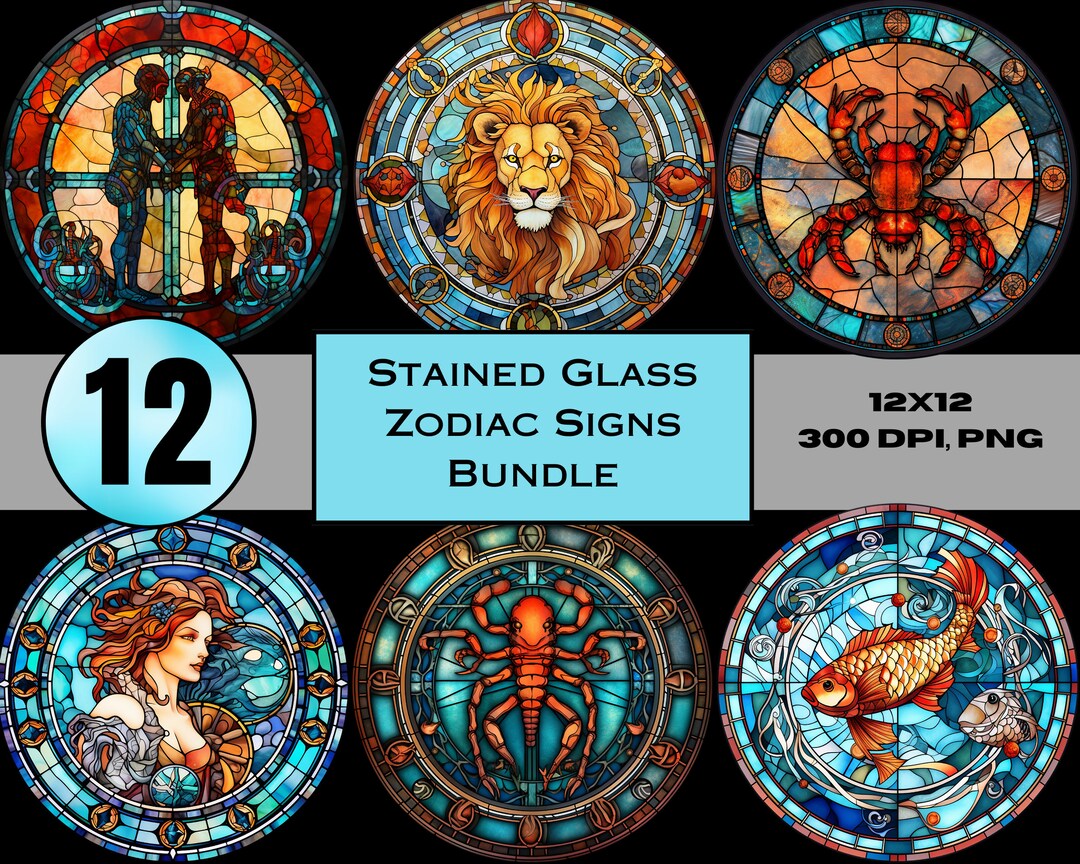 Zodiac Signs Bundle in Unique Stained Glass Styles, Clipart Zodiac ...