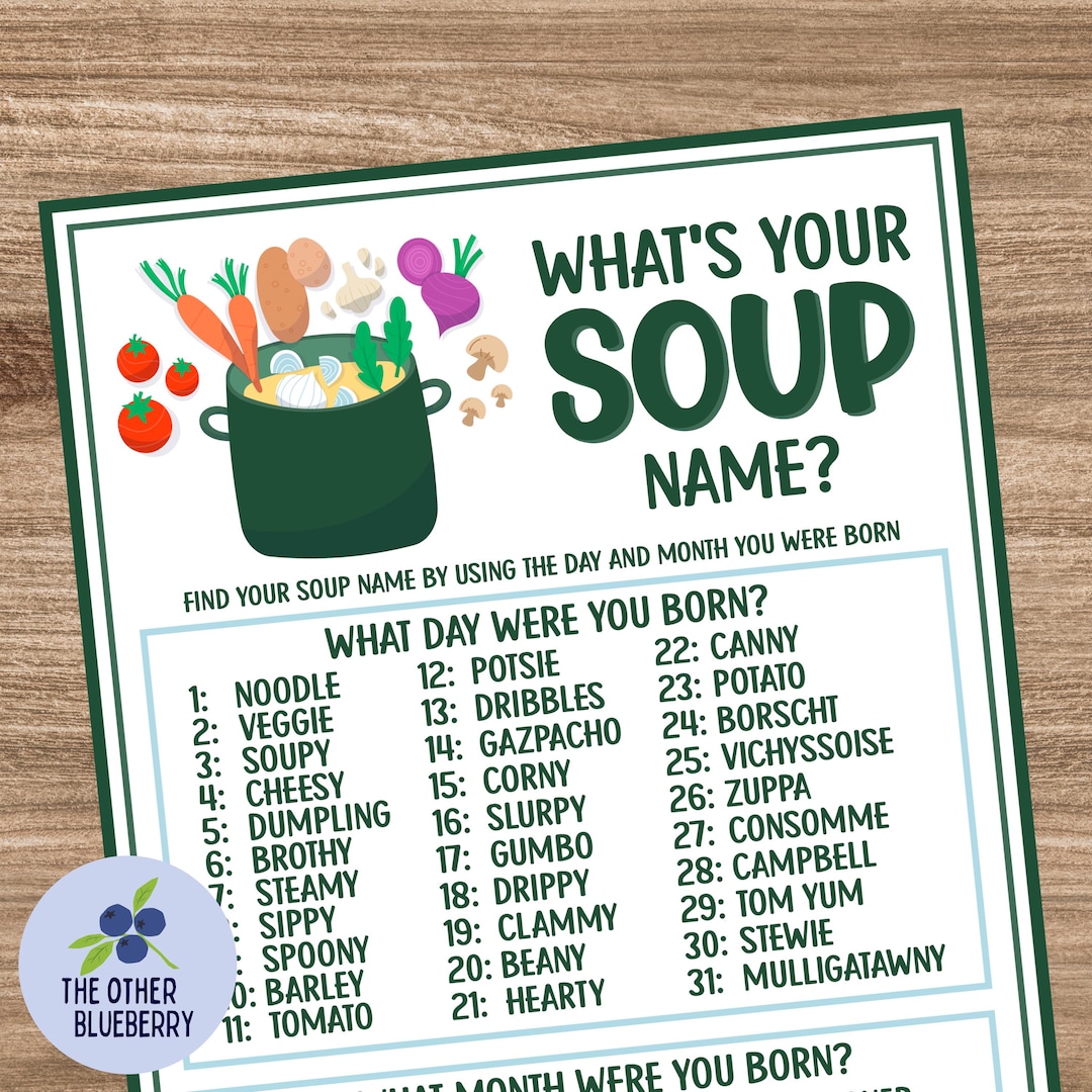 What's Your Soup Name Game With Name Tags & Sign | Soup Party Game ...