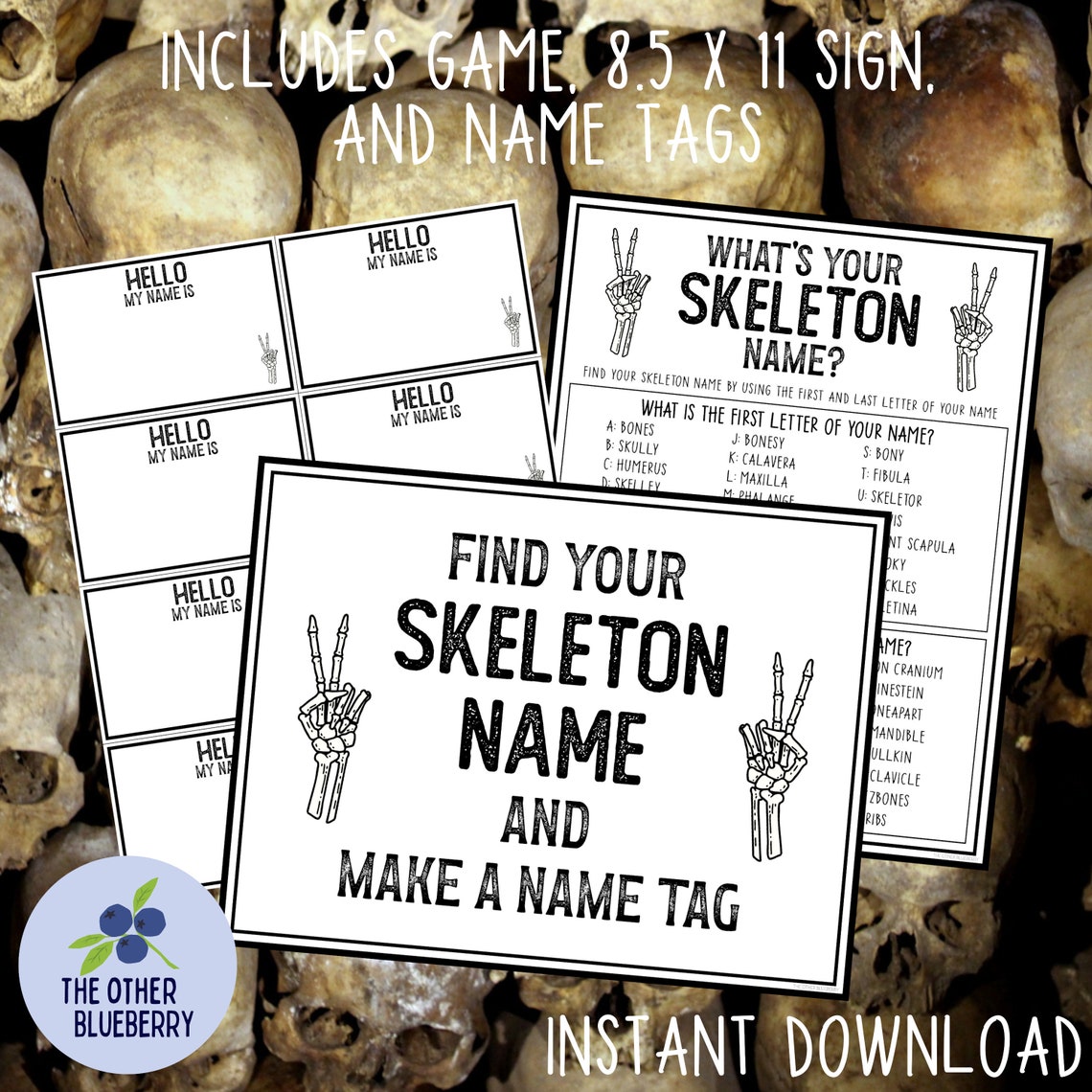 What's Your Skeleton Name Party Game With Name Tags & Sign Halloween ...