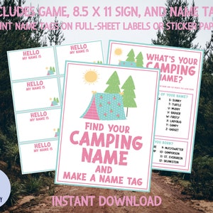 What's Your Camping Name Game With Name Tags & Sign | Camping Party ...