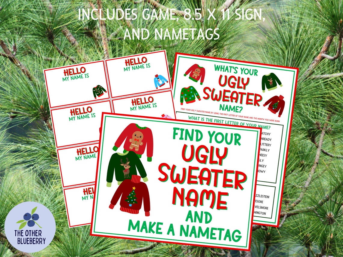What's Your Ugly Sweater Name Game With Nametags & Sign Ugly Sweater ...
