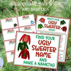 What's Your Ugly Sweater Name Game With Nametags & Sign | Ugly Sweater ...