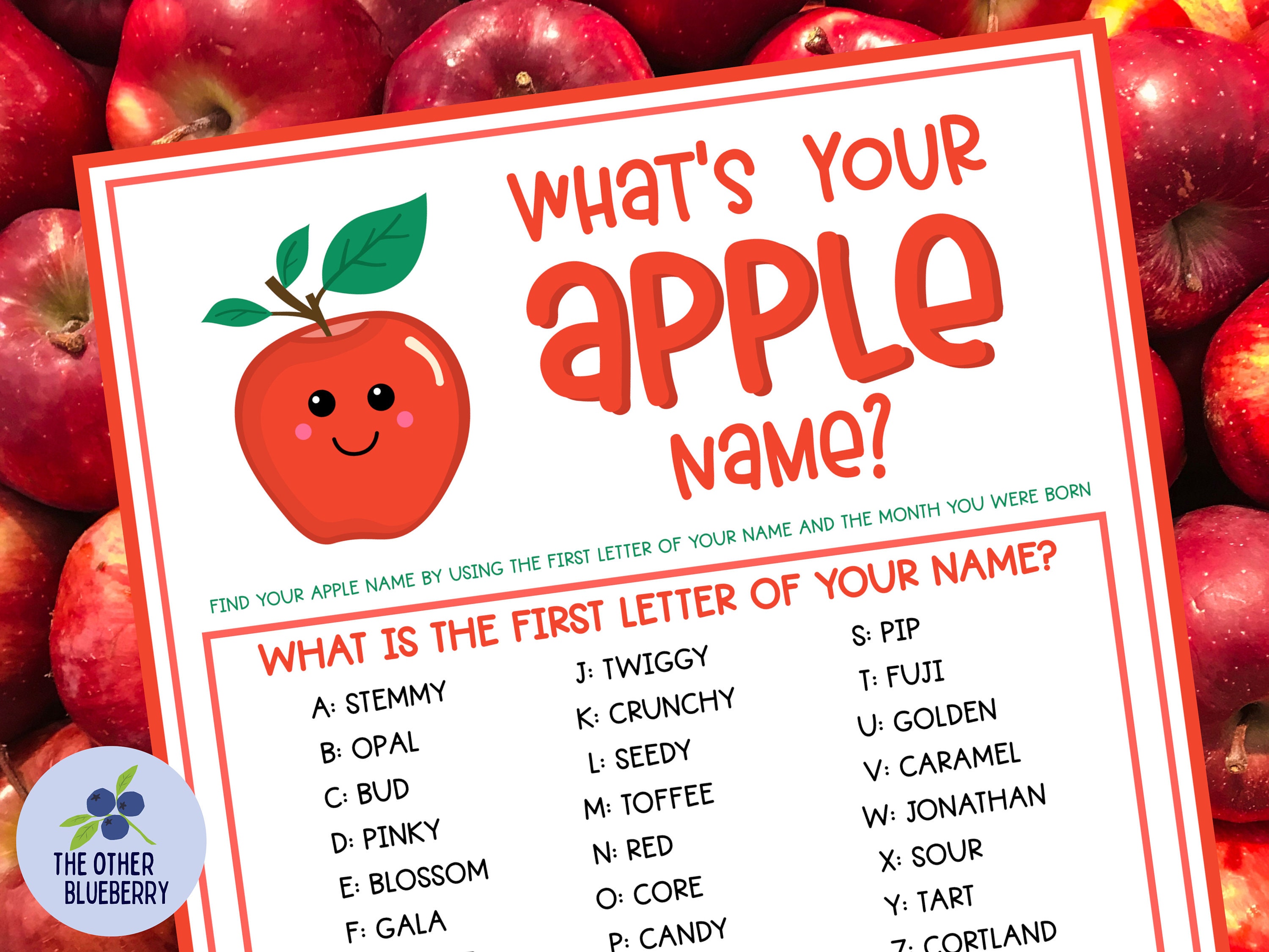 What's Your Apple Name With Name Tags & Sign Apple Party Game Apple of ...