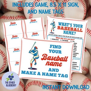 What's Your Baseball Name Game With Name Tags & Sign | Baseball Team ...