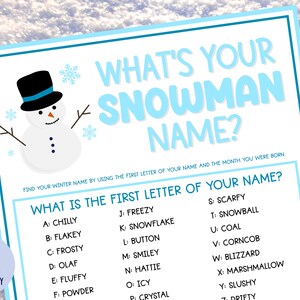 What's Your Snowman Name Game With Nametags & Sign Winter Party Game ...