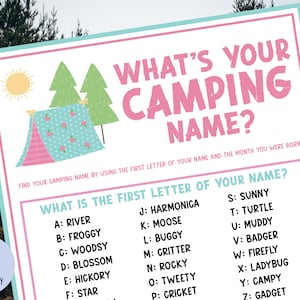 What's Your Camping Name Game With Name Tags & Sign | Camping Party ...