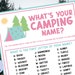 What's Your Camping Name Game With Name Tags & Sign Camping Party Game ...