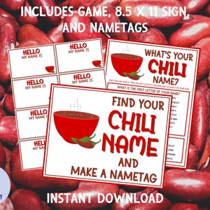 What's Your Chili Name Party Game With Nametags & Sign | Chili Cookoff ...