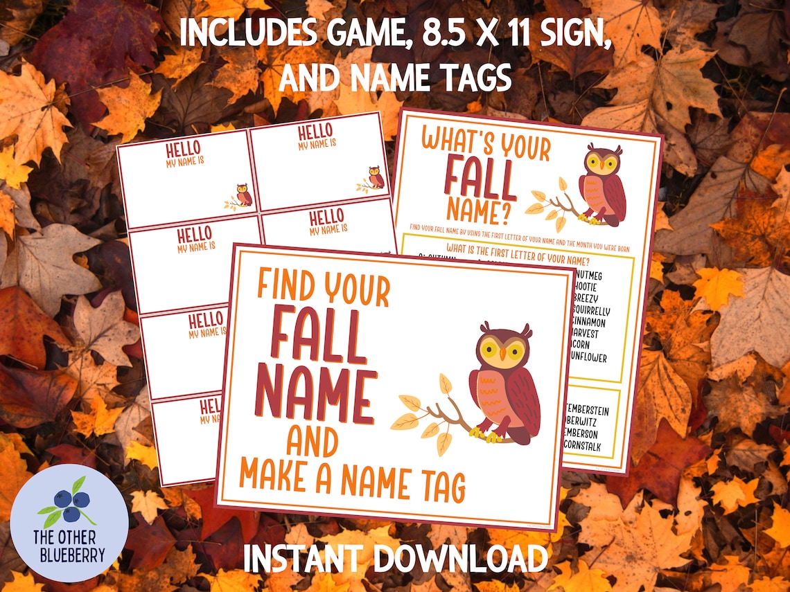 What's Your Fall Name Game With Name Tags & Sign Fall Party Game 1st ...