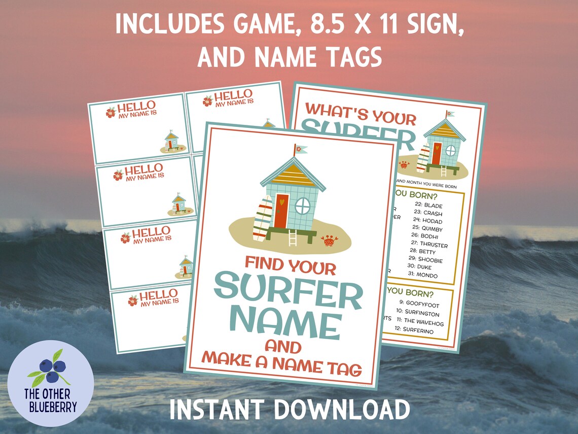 What's Your Surfer Name Game With Name Tags & Sign Beach Party Game ...