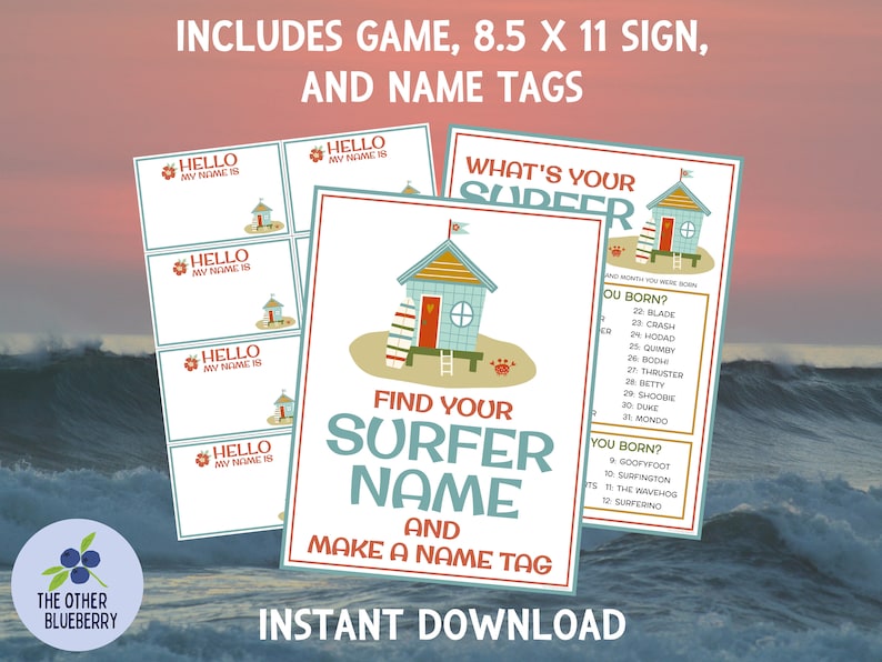 What's Your Surfer Name Game With Name Tags & Sign | Beach Party Game ...