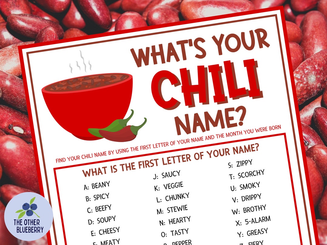 What's Your Chili Name Party Game With Nametags & Sign | Chili Cookoff ...
