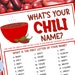 What's Your Chili Name Party Game With Nametags & Sign | Chili Cookoff ...
