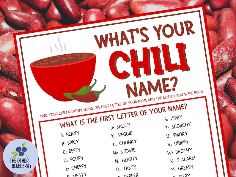 What's Your Chili Name Party Game With Nametags & Sign Chili Cookoff ...