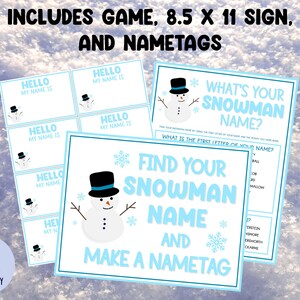 What's Your Snowman Name Game With Nametags & Sign | Winter Party Game ...