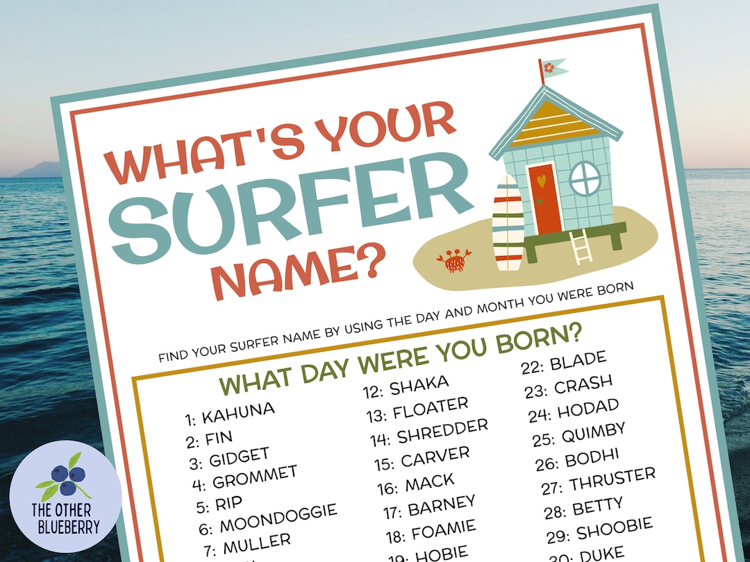 What's Your Surfer Name Game With Name Tags & Sign | Beach Party Game ...