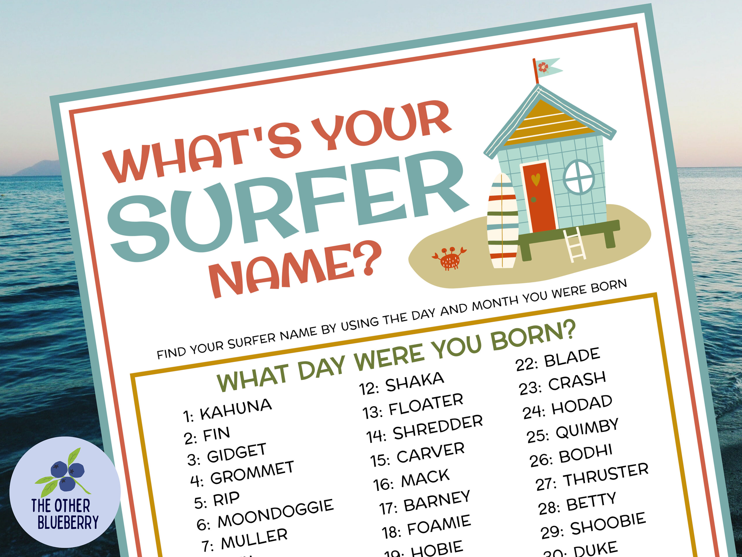 What's Your Surfer Name Game With Name Tags & Sign | Beach Party Game ...