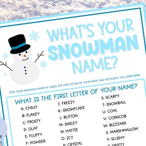 What's Your Snowman Name Game With Nametags & Sign | Winter Party Game ...