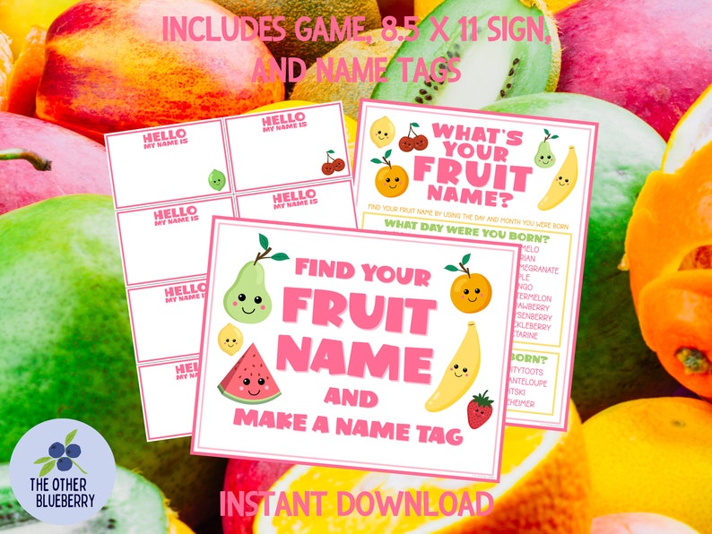 What's Your Fruit Name Game With Name Tags & Sign | Tutti Fruitti Party ...
